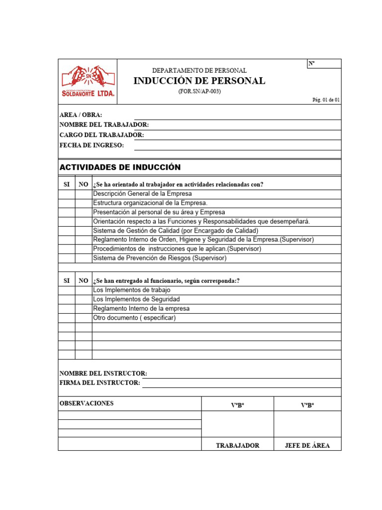 FOR - SN.AP-003.2017 Induccion de Personal | PDF | Business | Sistema ...
