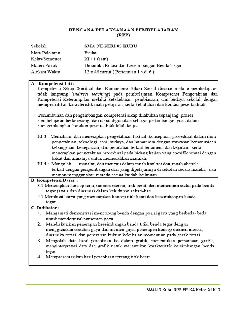 RPP Kesetimbangan Benda Tegar 4 - 6 | PDF | Sains & Matematika