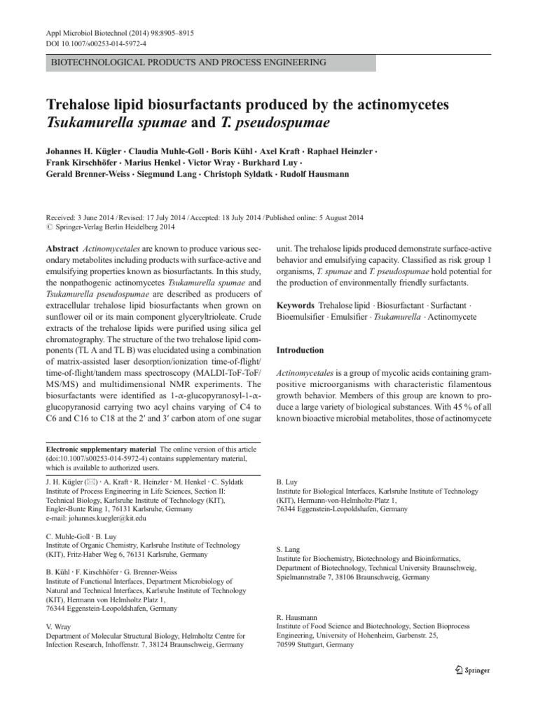 Trehalose Lipid Biosurfactants Produced by The Actinomycetes ...