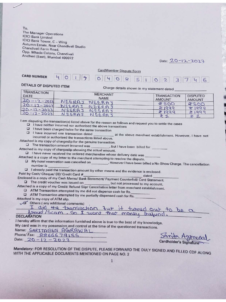 Dispute Form and Adhar Card | PDF