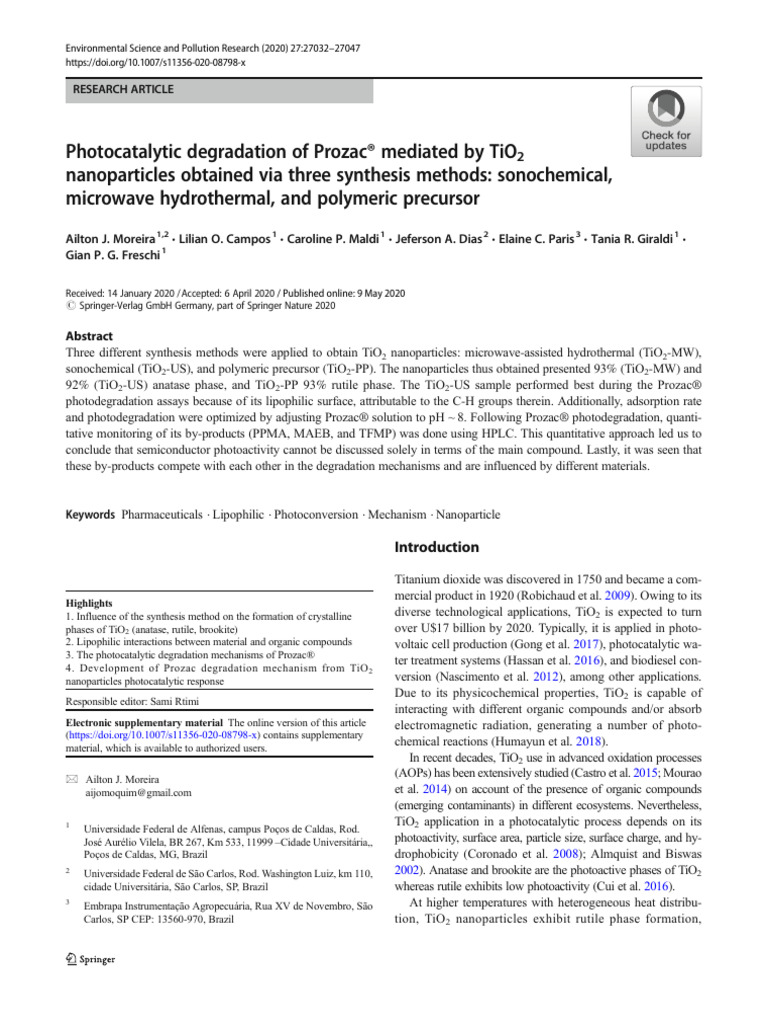Photocatalytic Degradation of Prozac® Mediated by TiO2 Nanoparticles ...