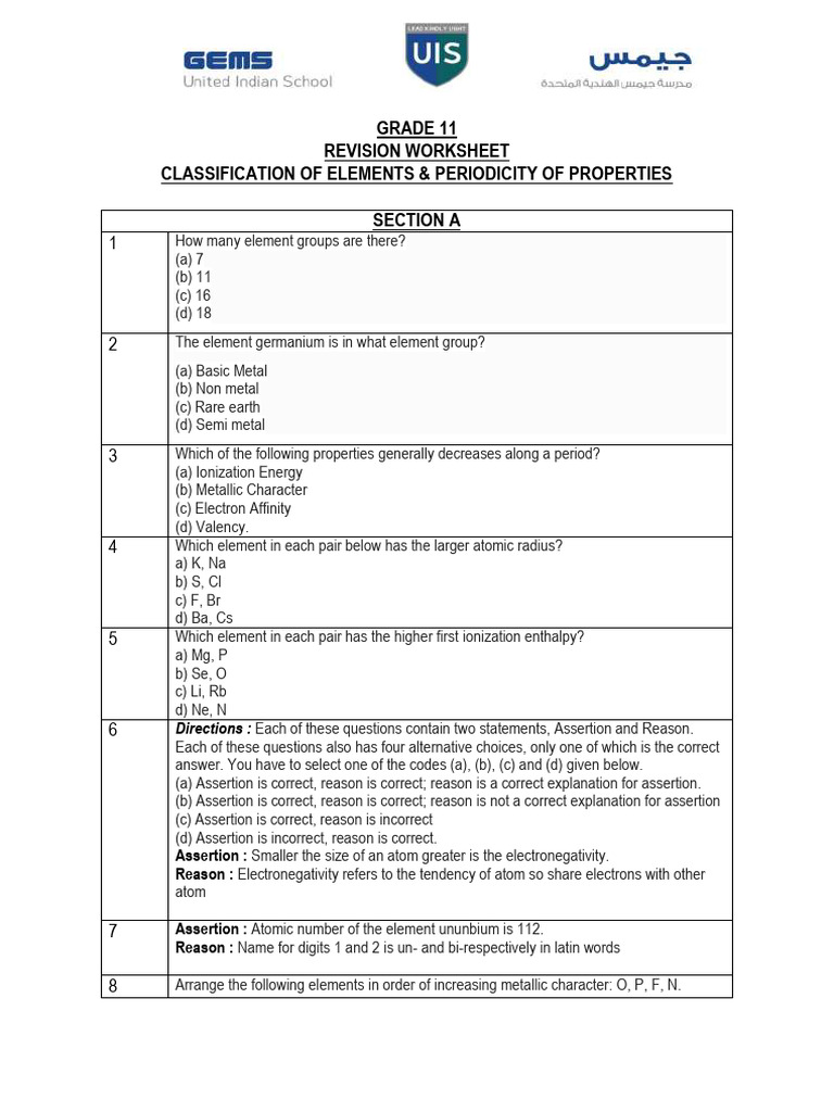 Unit 3 Periodic Classification Hy Worksheet | PDF | Periodic Table ...