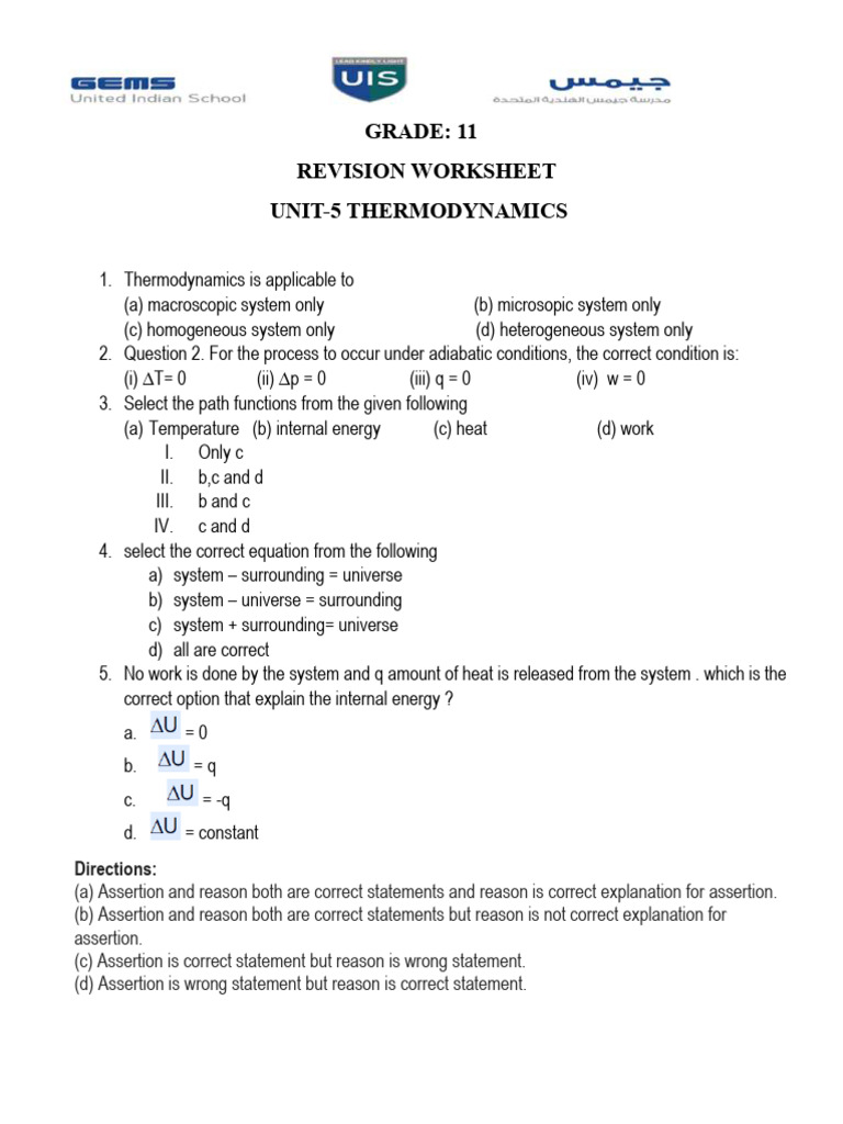 Unit 5 Thermodynamics Hy Worksheet | PDF