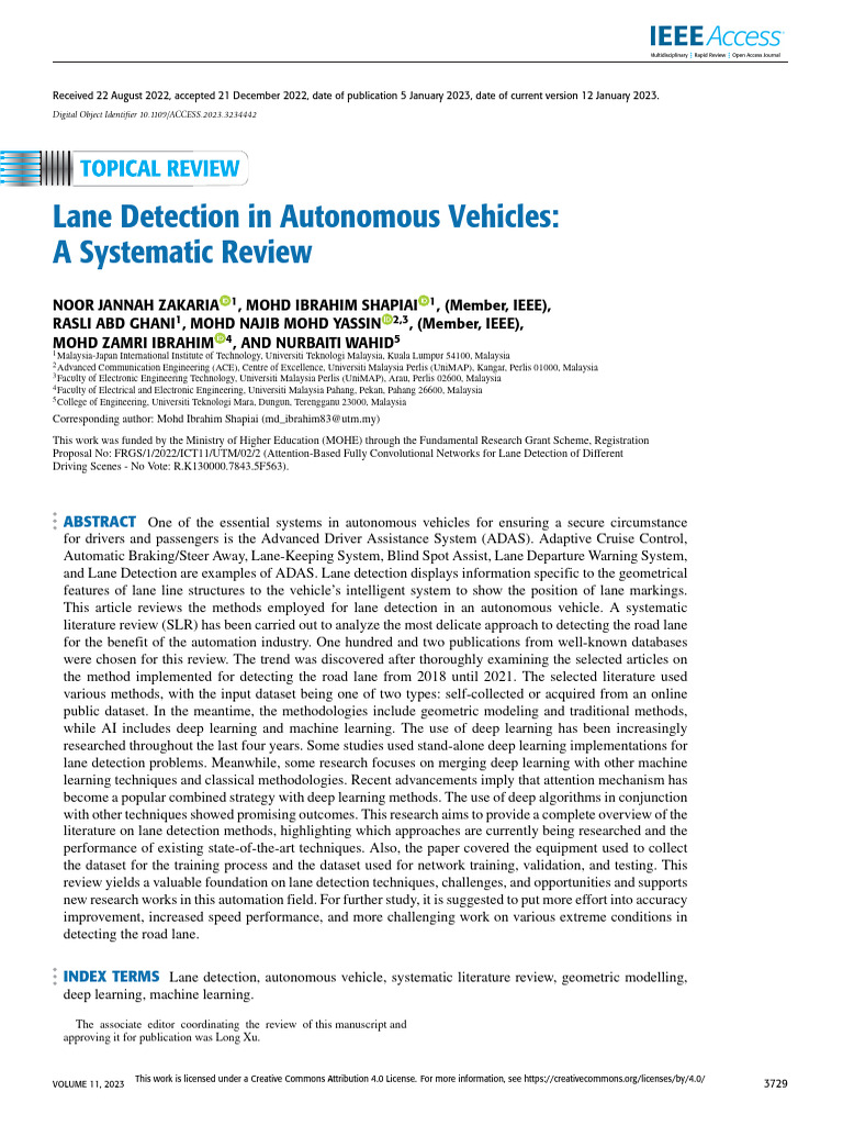 Lane Detection in Autonomous Vehicles A Systematic Review | PDF | Machine Learning | Deep Learning