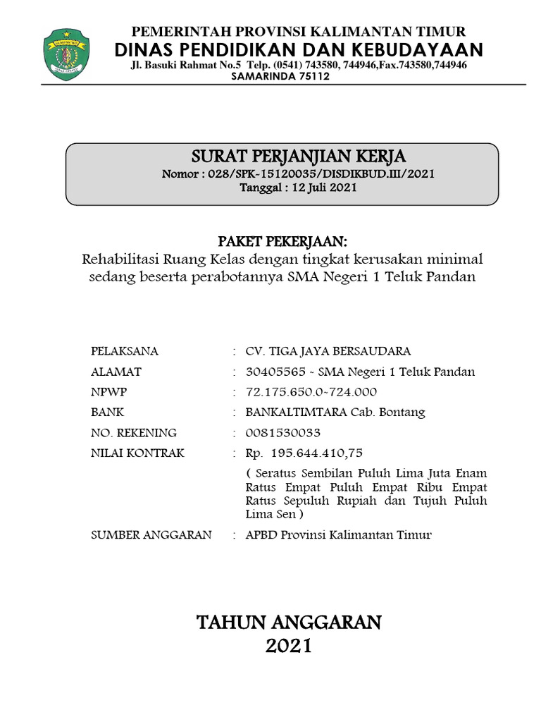 Spk-Dak - Rehab Ruang Kelas Sman 1 Teluk Pandan | PDF | Pengelolaan Keuangan & Uang