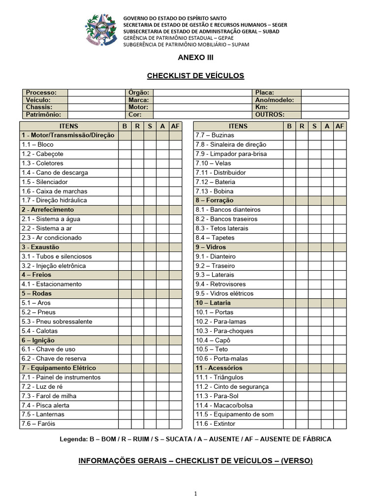 ANEXO III - Checklist de Veículos | PDF | Indústria automobilística ...