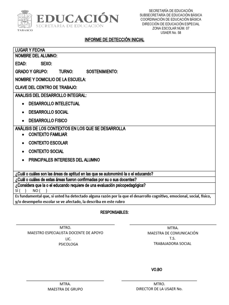 Informe de Detección Inicial Escolar | PDF | Educación especial | Maestros