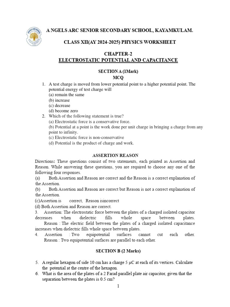Class 12 Physics Worksheet | PDF | Dielectric | Capacitance