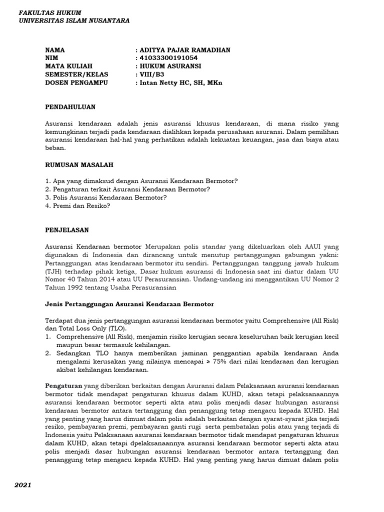 Aditya Pajar Ramadhan - Tugas - Asuransi Kendaraan Bermotor | PDF | Pengelolaan Keuangan & Uang
