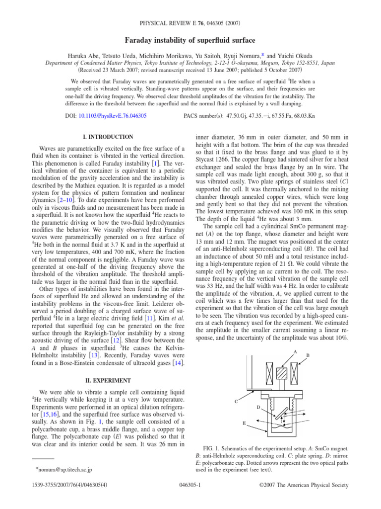 Abe Et Al. - 2007 - Faraday Instability of Superfluid Surface | PDF | Spectral Density | Resonance