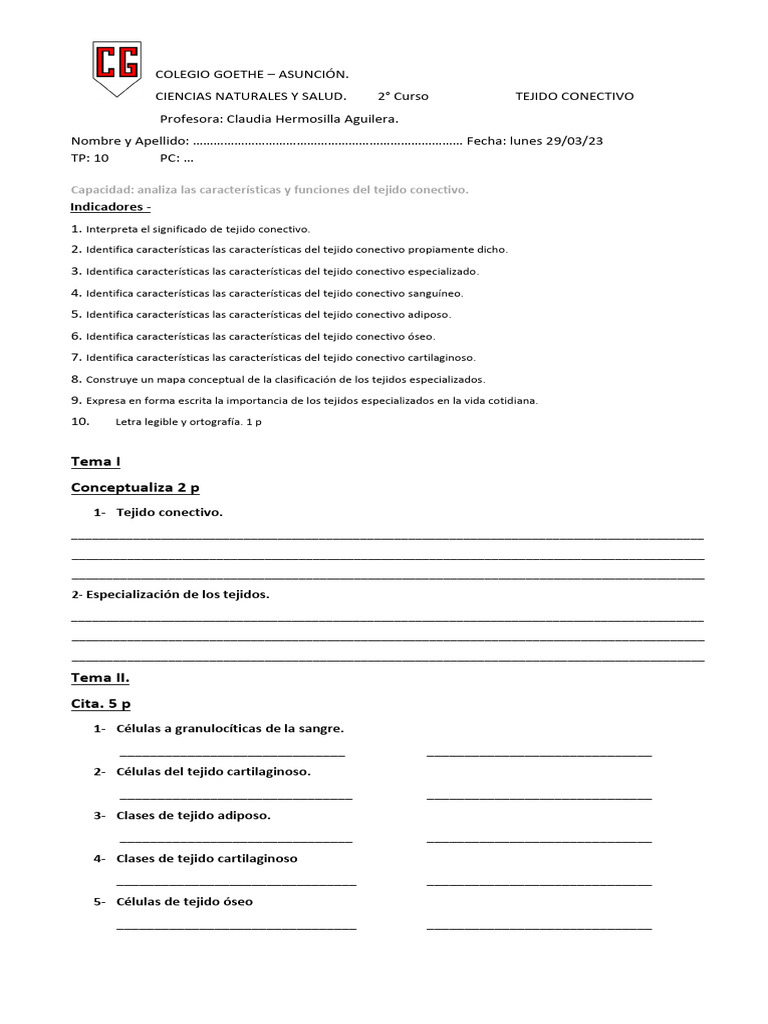 EXAMEN TEJIDO CONECTIVO | PDF | Tejido (biología) | Tejido conectivo