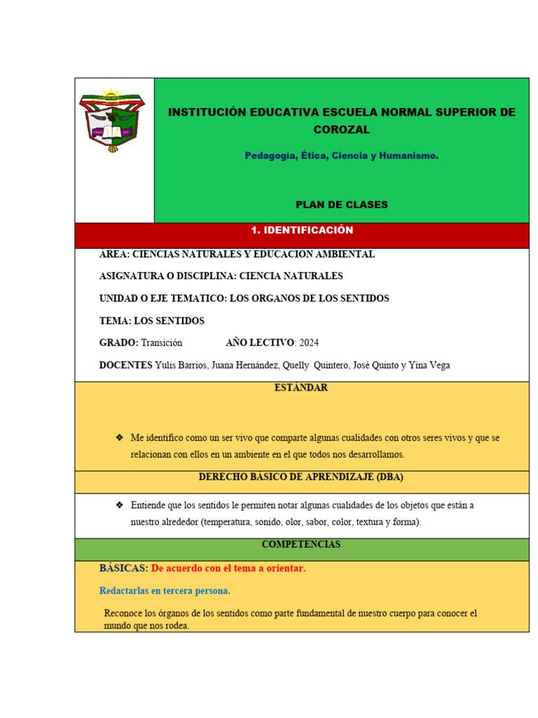 Plan de Clase de Educacion Artisitca 2C | PDF | Sentidos | Color