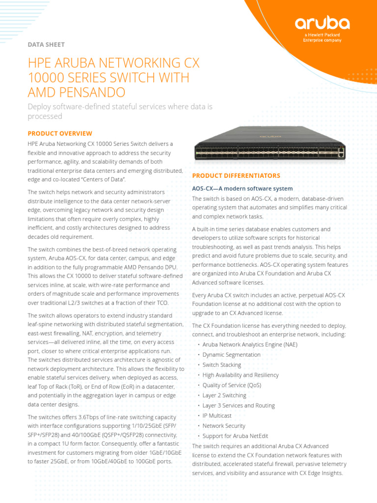 HPE Aruba CX 10000 Series Switch Overview | PDF | Computer Network | Ip ...