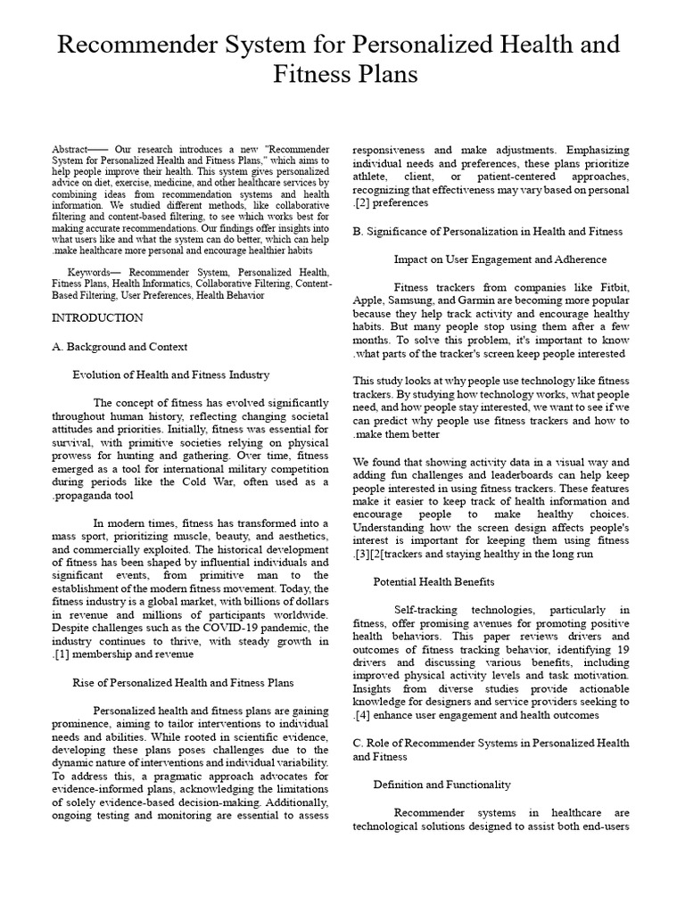 Recommender System For Personalized Health and Fitness Plans-Research ...