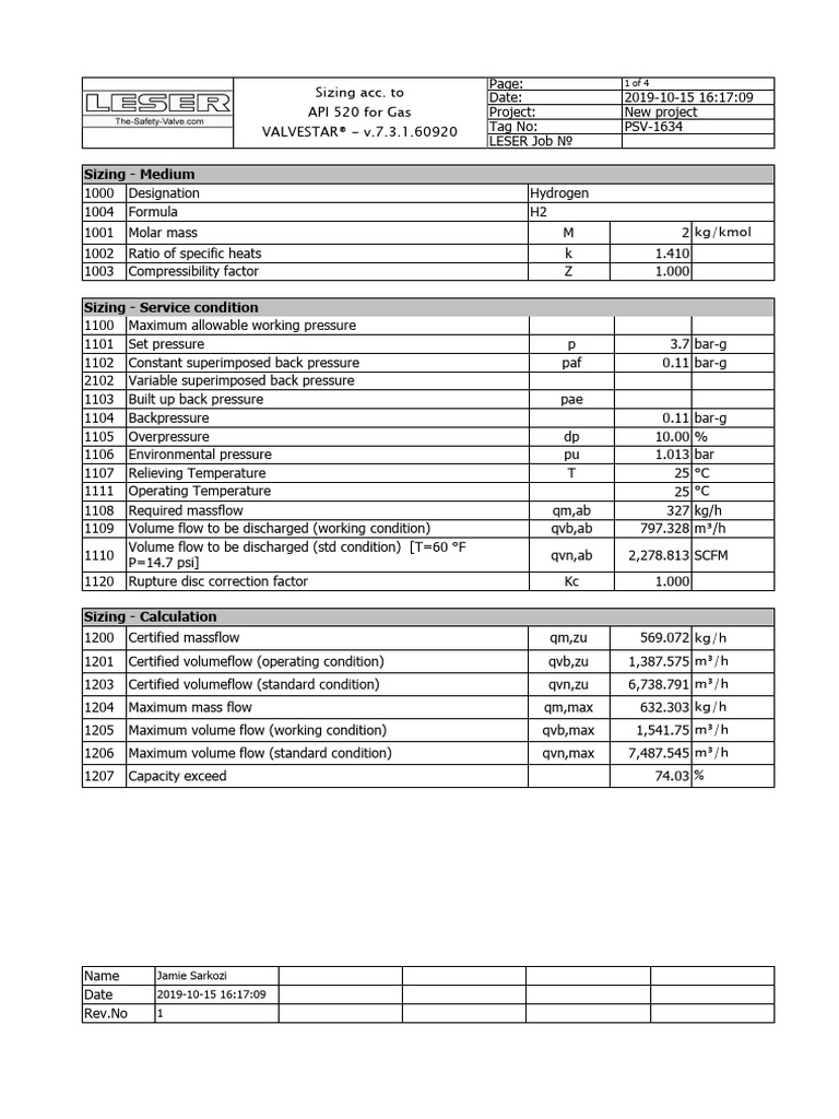 PSV-1634 (API 520 Gas) | PDF | Valve | Process Engineering