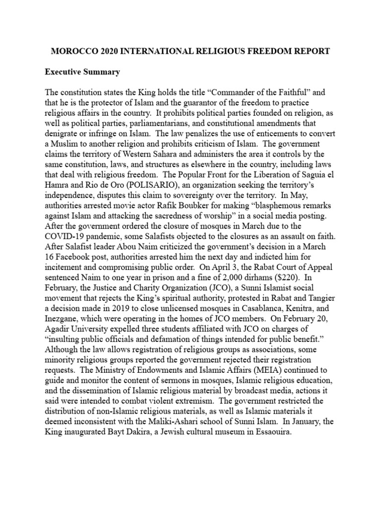 Morocco 2020 International Religious Freedom Report | PDF | Freedom Of ...