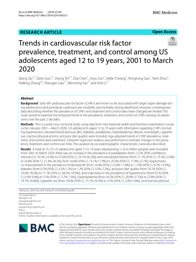 Trends in Cardiovascular Risk Factor Prevalence, Treatment, and Control Among US Adolescents ...