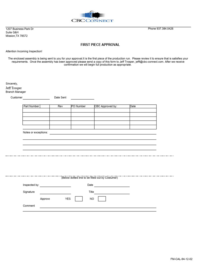 First Piece Approval Document Template | PDF