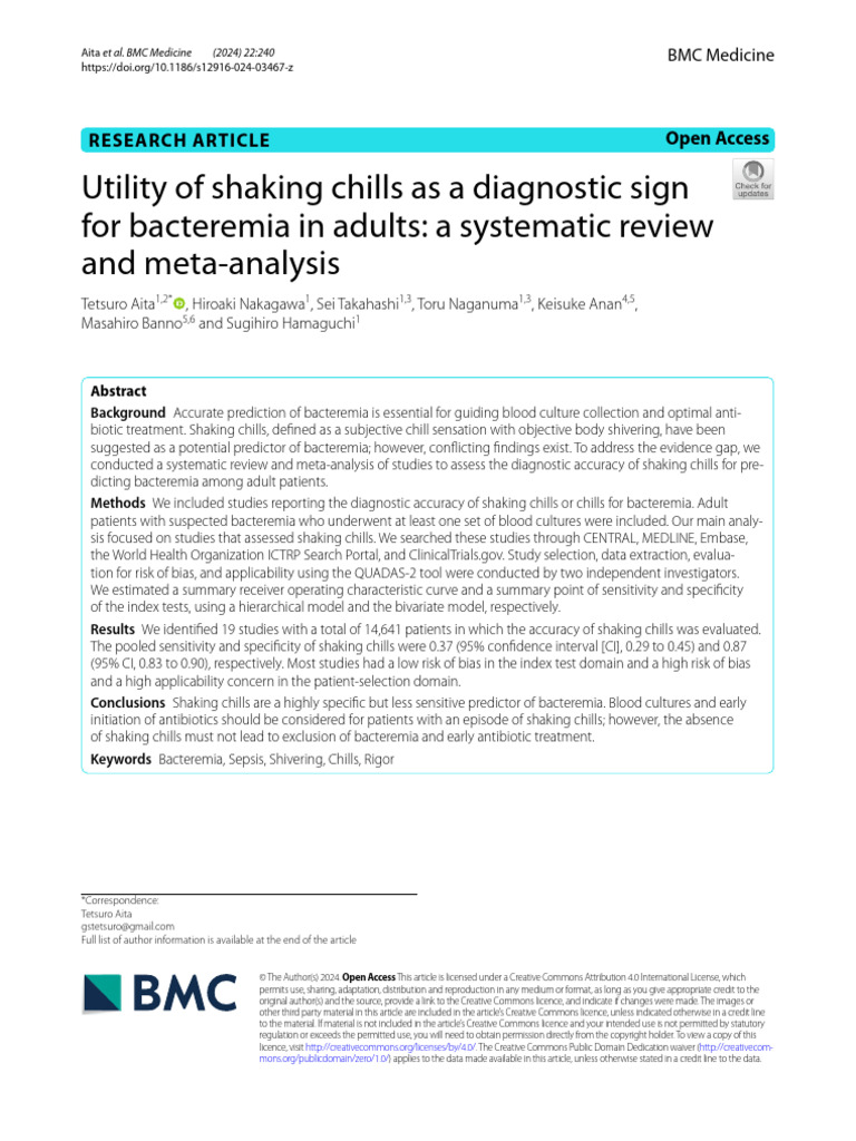 Utility of Shaking Chills As A Diagnostic Sign For Bacteremia in Adults ...