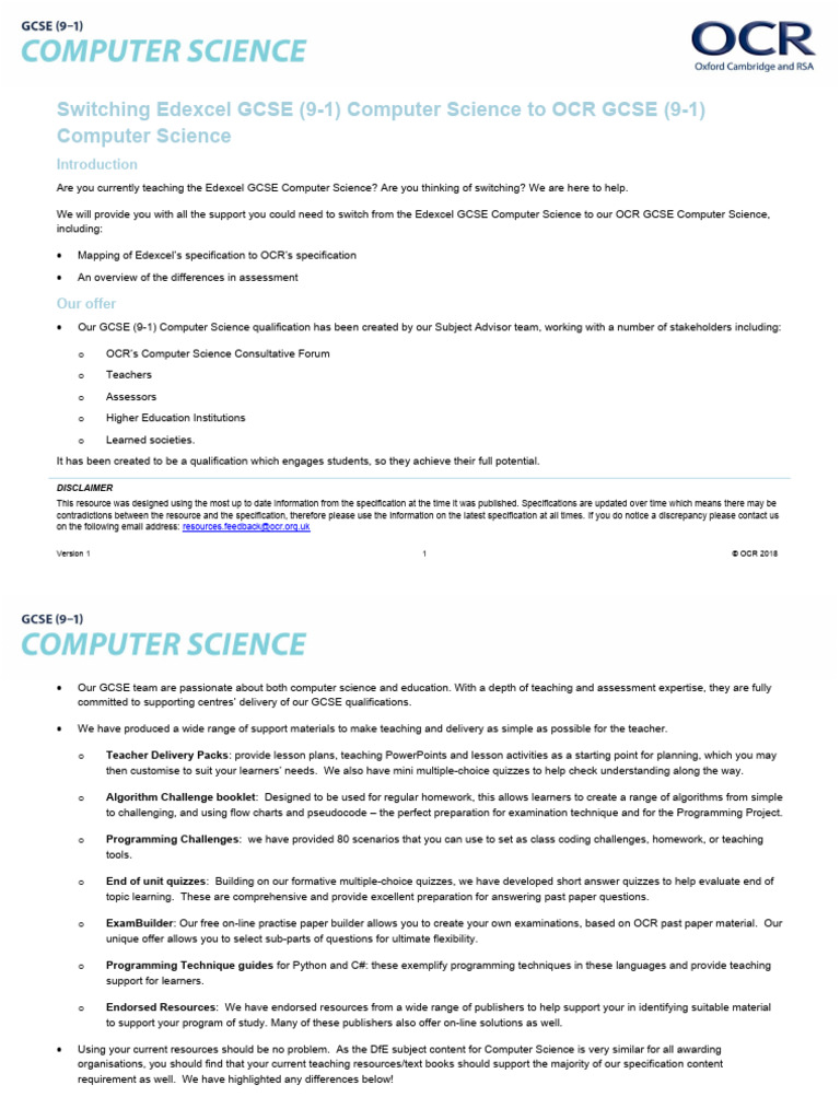 Switching To Ocr Gcse 9 1 Computer Science From Edexcel | PDF | Computer Data Storage | Computer ...