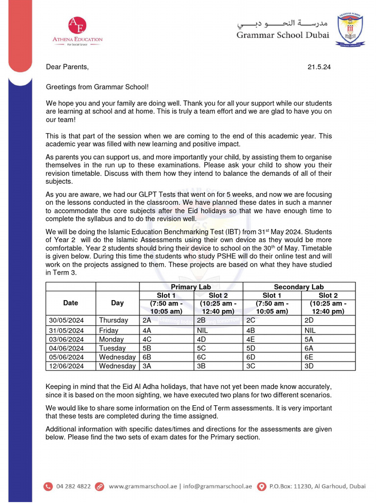 Primary - End of Term 3 Assessments - Letter to Parents | Download Free ...