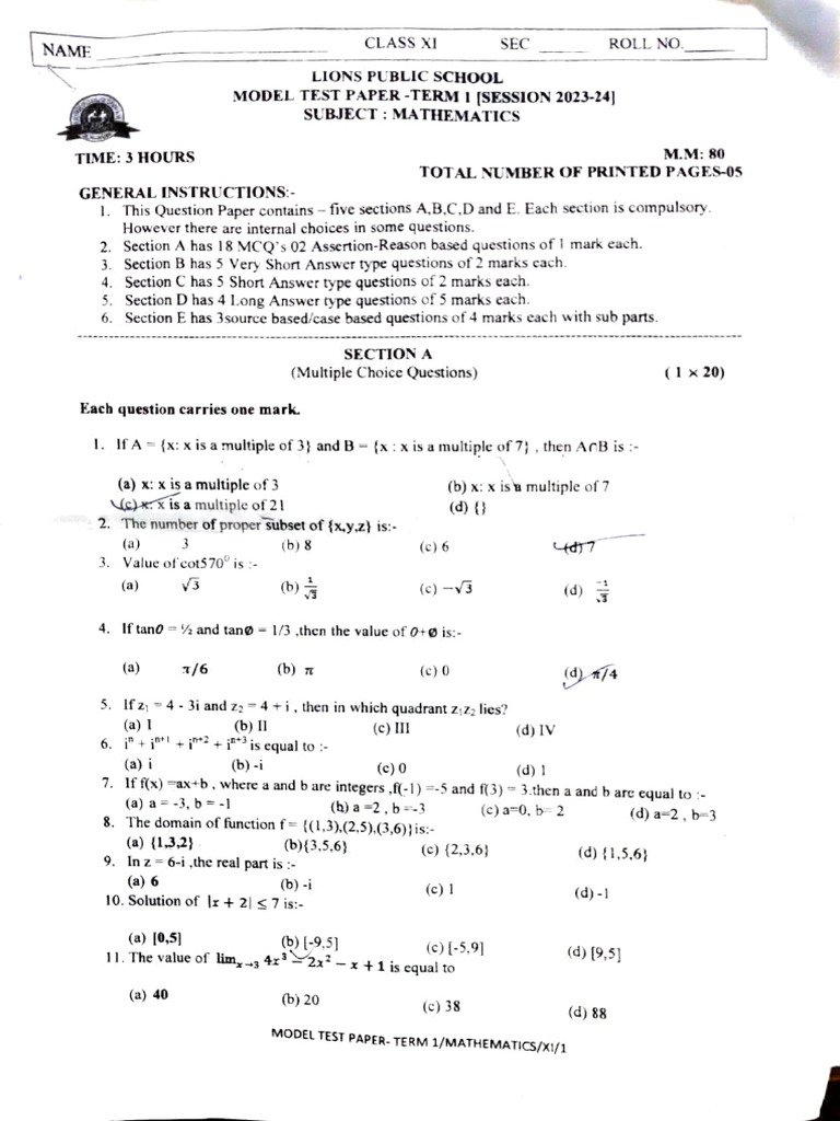 Sample paper XI Mid Term | Download Free PDF | Mathematical Analysis | Mathematics