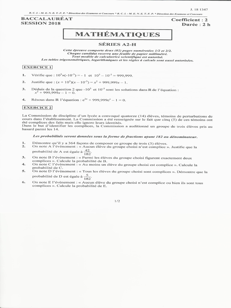 Bac 2018 Maths Serie A2 Et H | PDF