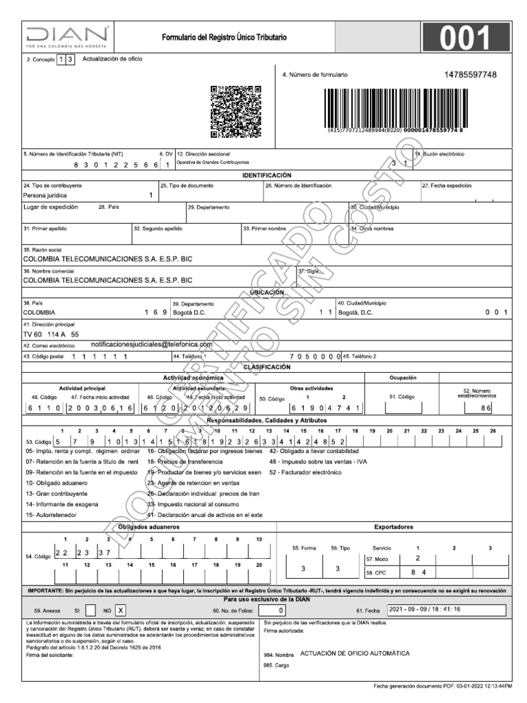 Rut Colombia Telecomunicaciones S.A. Esp Bic - 03012022 | PDF