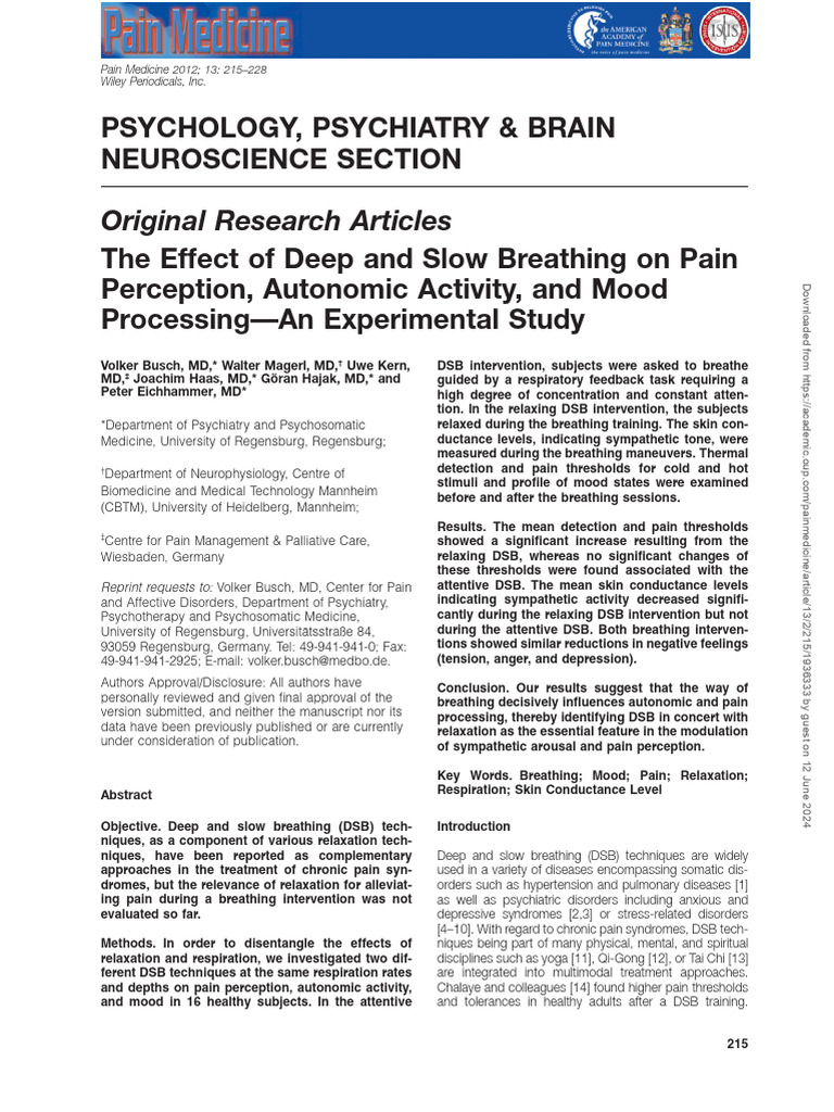 The Effect of Deep and Slow Breathing On Pain Perception, Autonomic ...