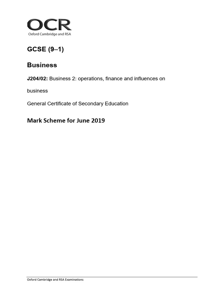 2019 OCR GCSE Business Mark Scheme | PDF | Supply Chain