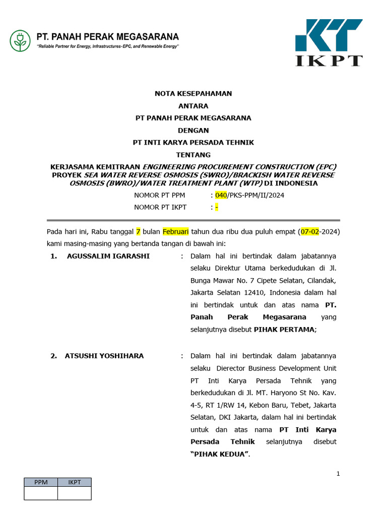 Draft Mou PT PPM Dan PT Ikpt Partner Epc Swro, Bwro, WTP - Rev0 | PDF