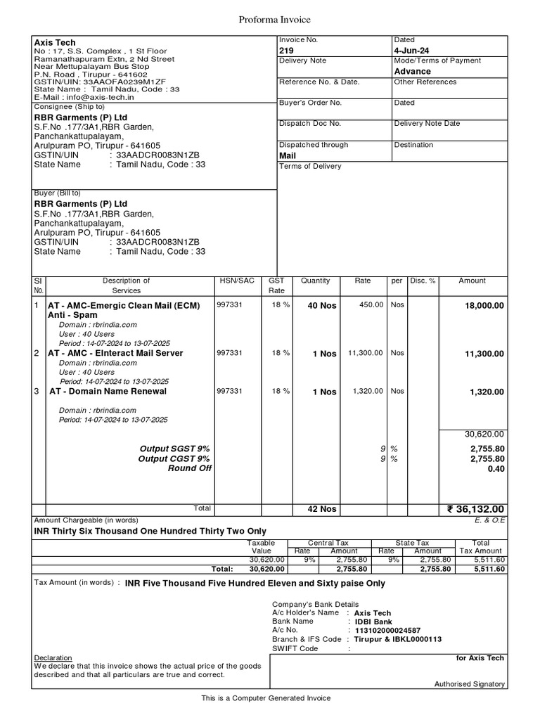 RBR Garments (P) LTD PI 219 | PDF | Taxes | Payments
