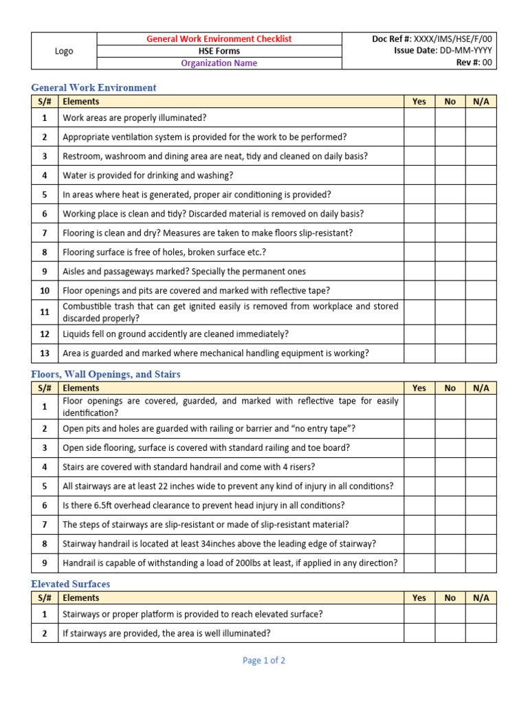 General Work Environment Checklist | PDF | Stairs | Safety