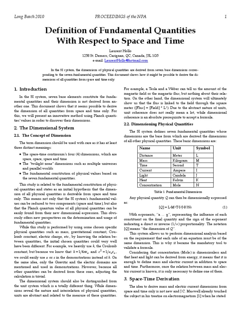 Definition of Fundamental Quantities With Respect To Space and Time ...