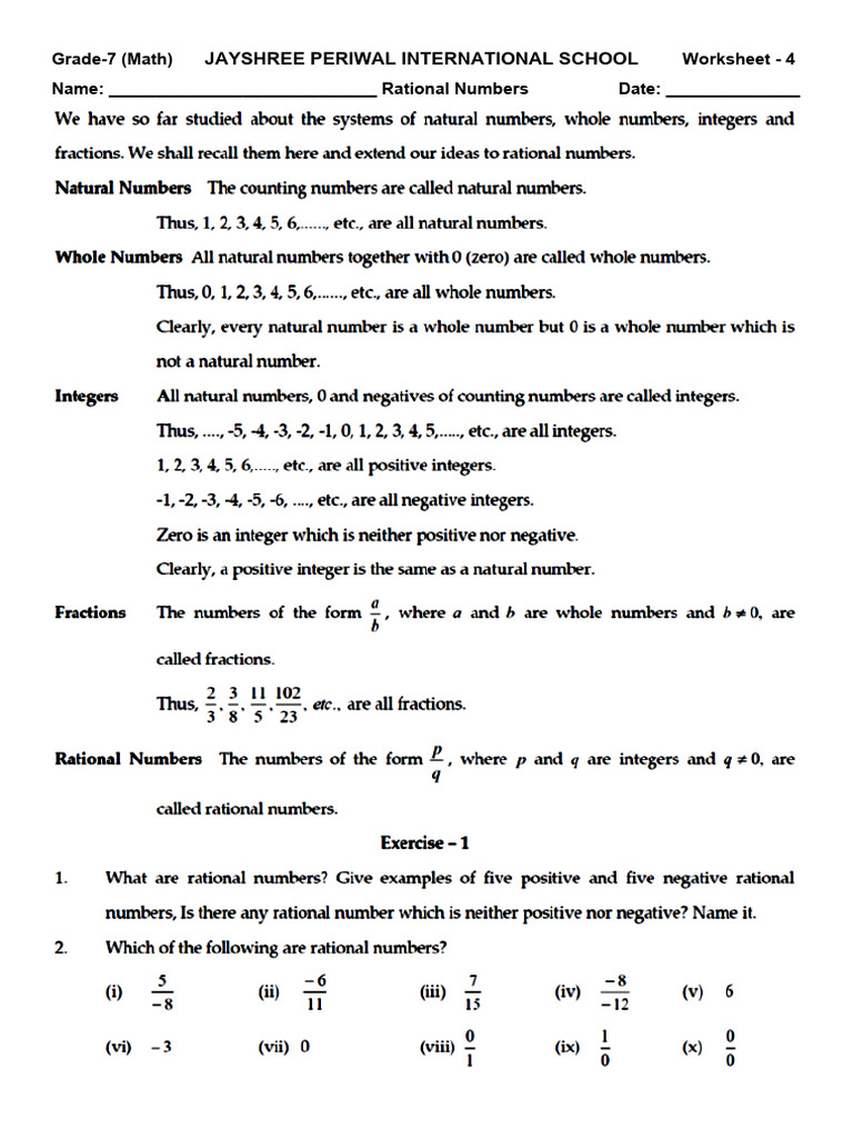 Grade 7 Rational Numbers Ws | PDF