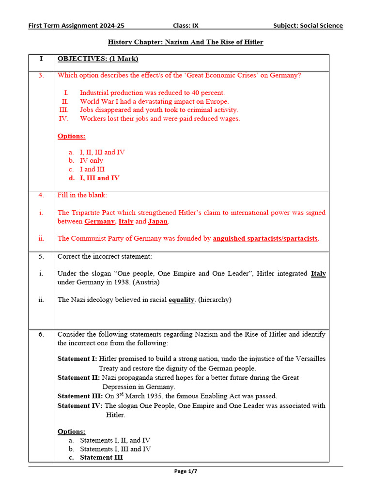 Class IX Social Science Assignment | PDF | Nazi Germany | Adolf Hitler