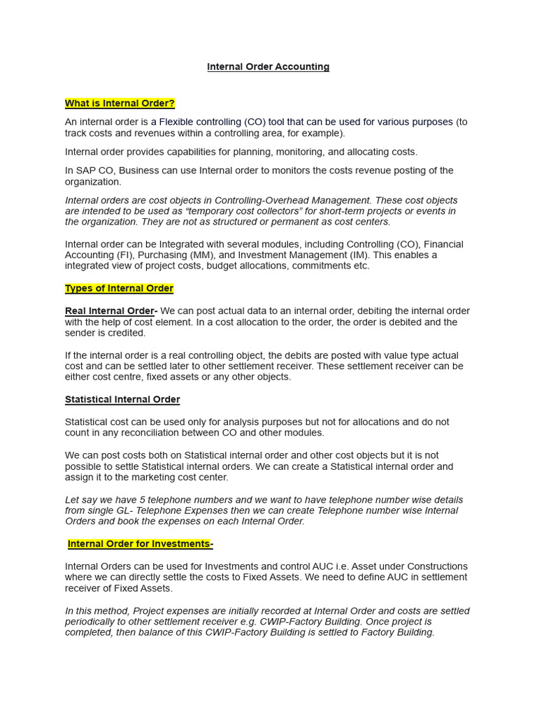 Internal Order Accounting- Part I | Download Free PDF | Expense | Debits And Credits