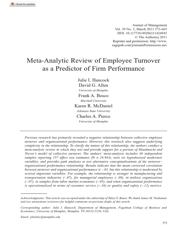 Hancock Et Al. (2013) Meta-Analytic Review of Turnover | PDF | Turnover ...