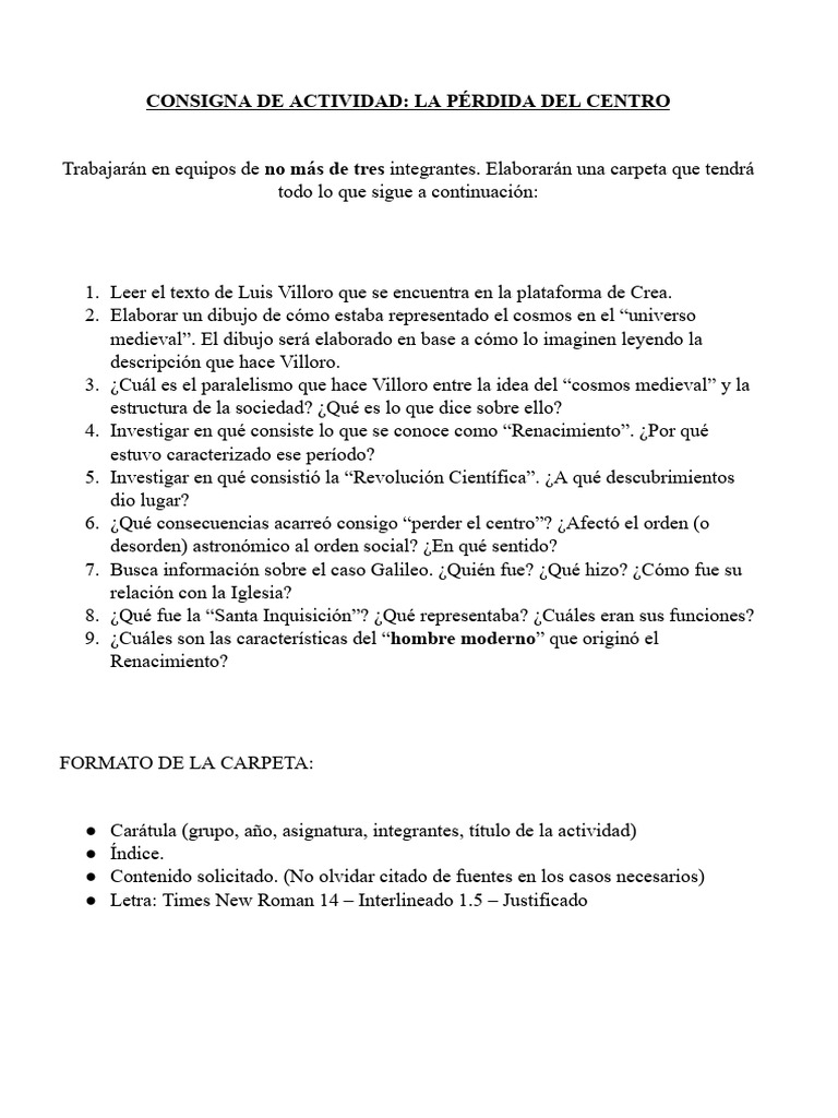 Consigna de Actividad Pérdida Del Centro | PDF
