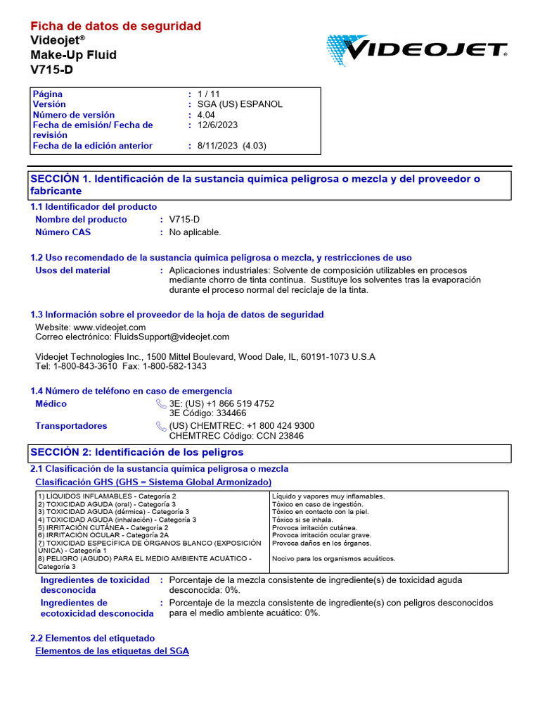 Videojet Make-Up Fluid: Ficha de Datos de Seguridad | PDF | Toxicidad ...