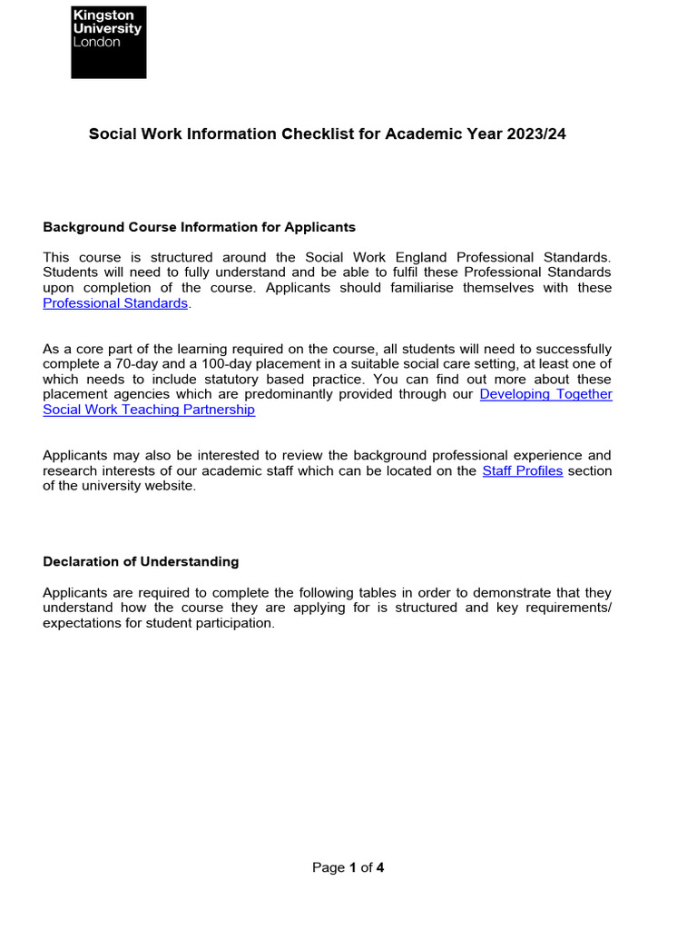 Social Work Information Checklist 22-24 | PDF | Social Work