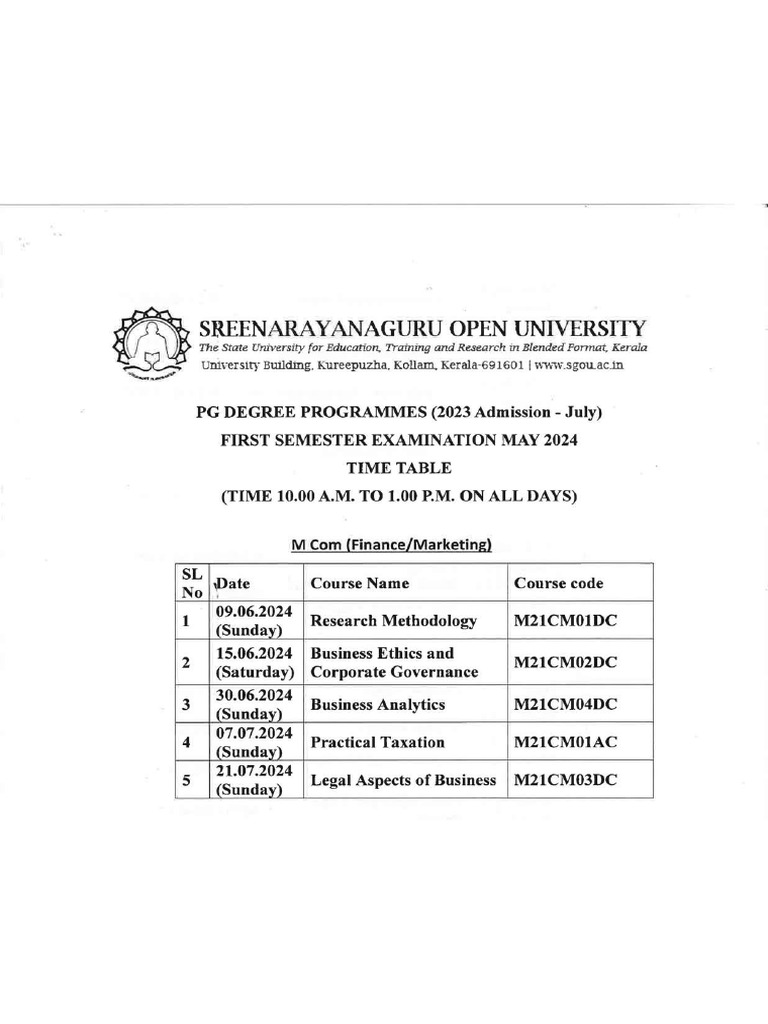 Exam Time Table | PDF