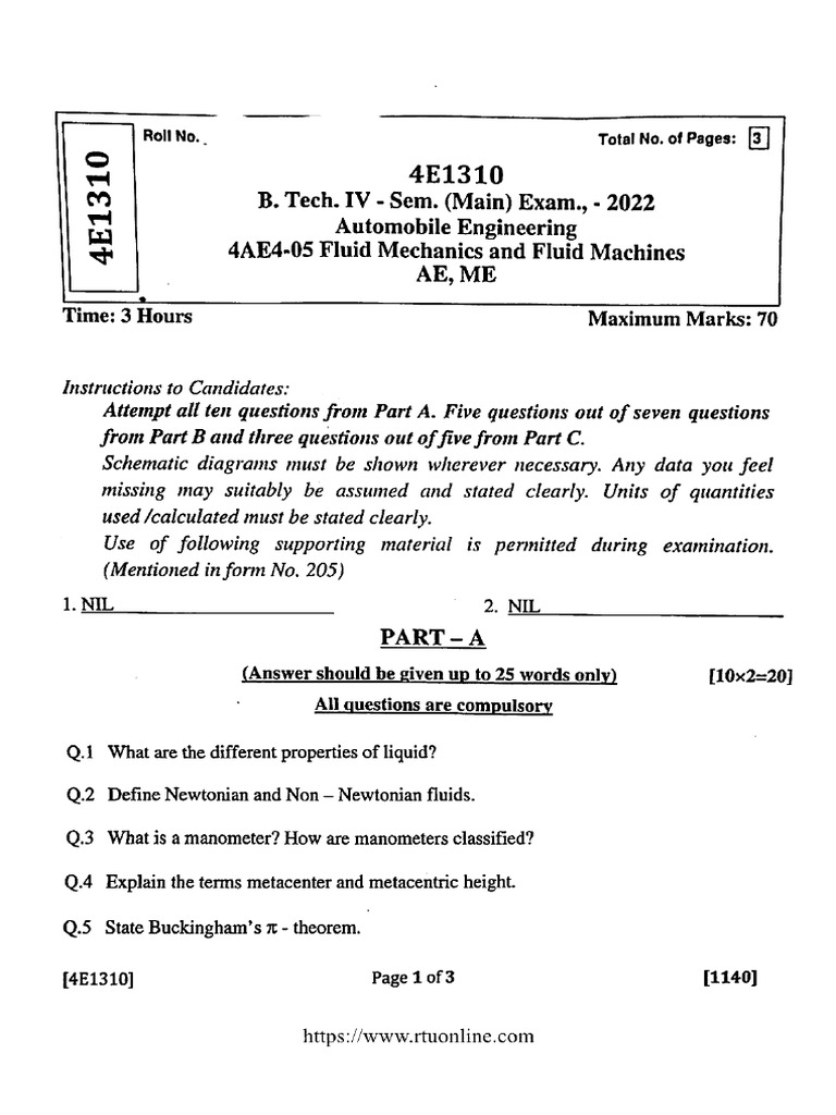Btech Ae Me 4 Sem Fluid Mechanics and Fluid Machines 4e1310 2022 | PDF