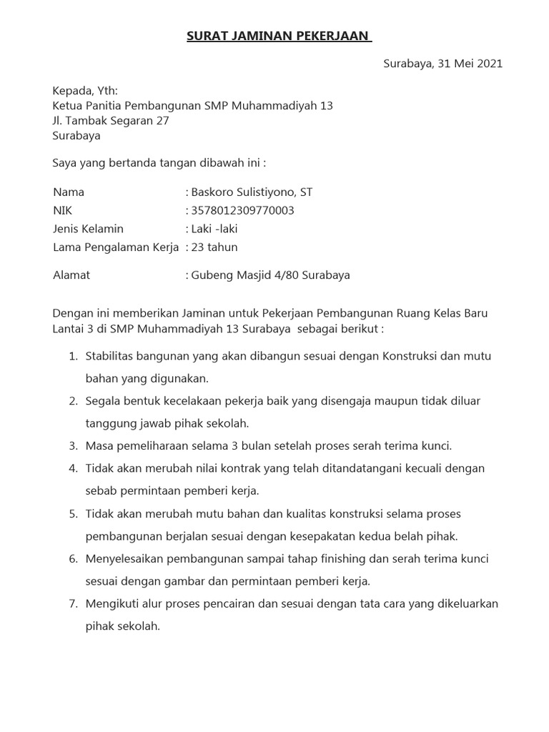 Surat Jaminan Pekerjaan | PDF