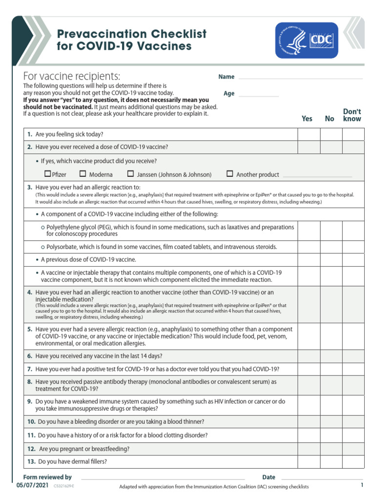 CDC Pre Vaccination Screening Form | Download Free PDF | Vaccines ...