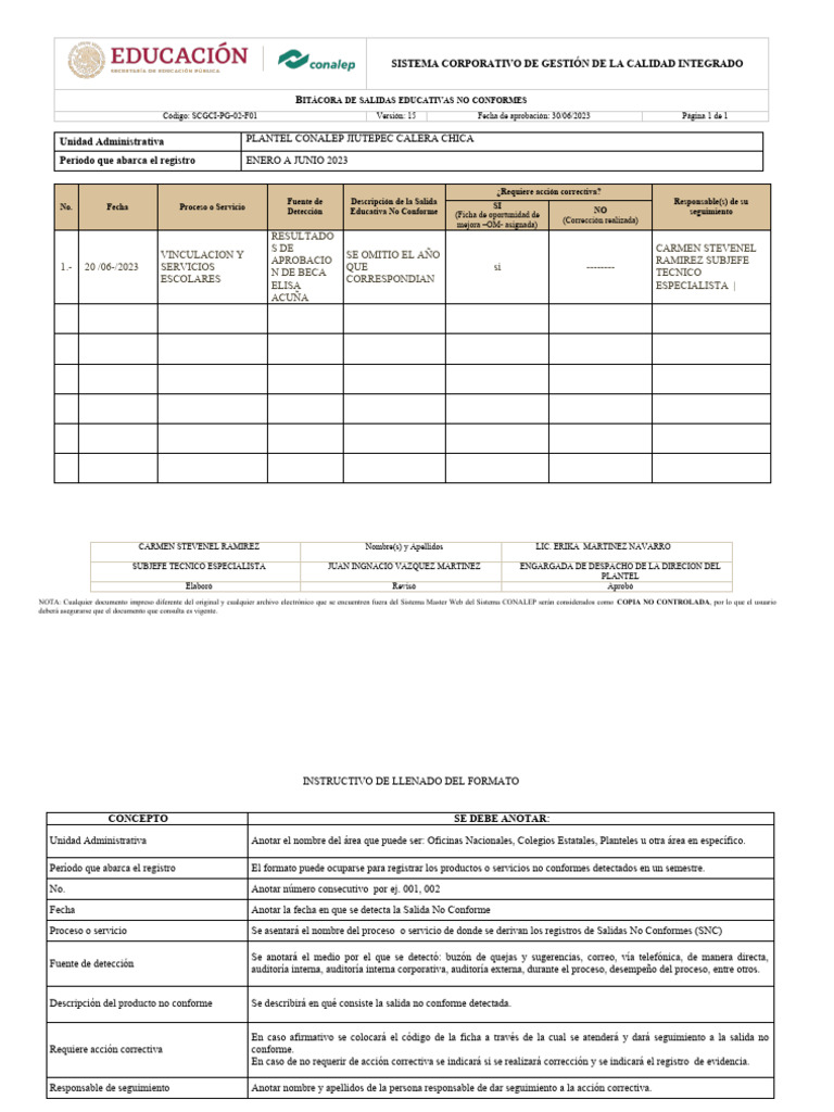 BITACORA DE SALIDAS NO CONFORMES SCGCI-PG-02-F01 | PDF | Auditoría | Informática