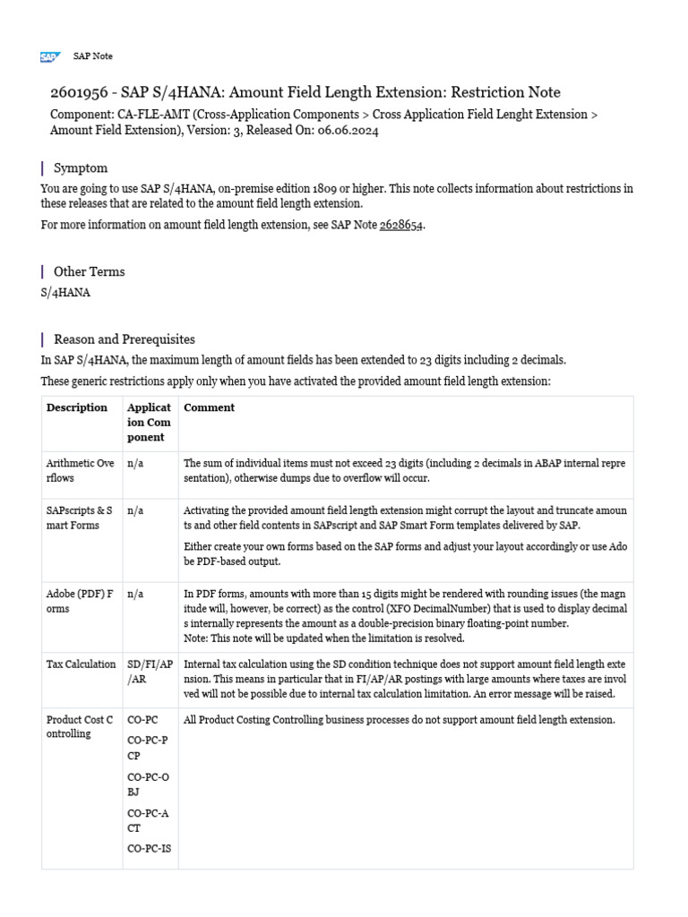 SAP S/4HANA Amount Field Length Restrictions | PDF | Rounding | Software