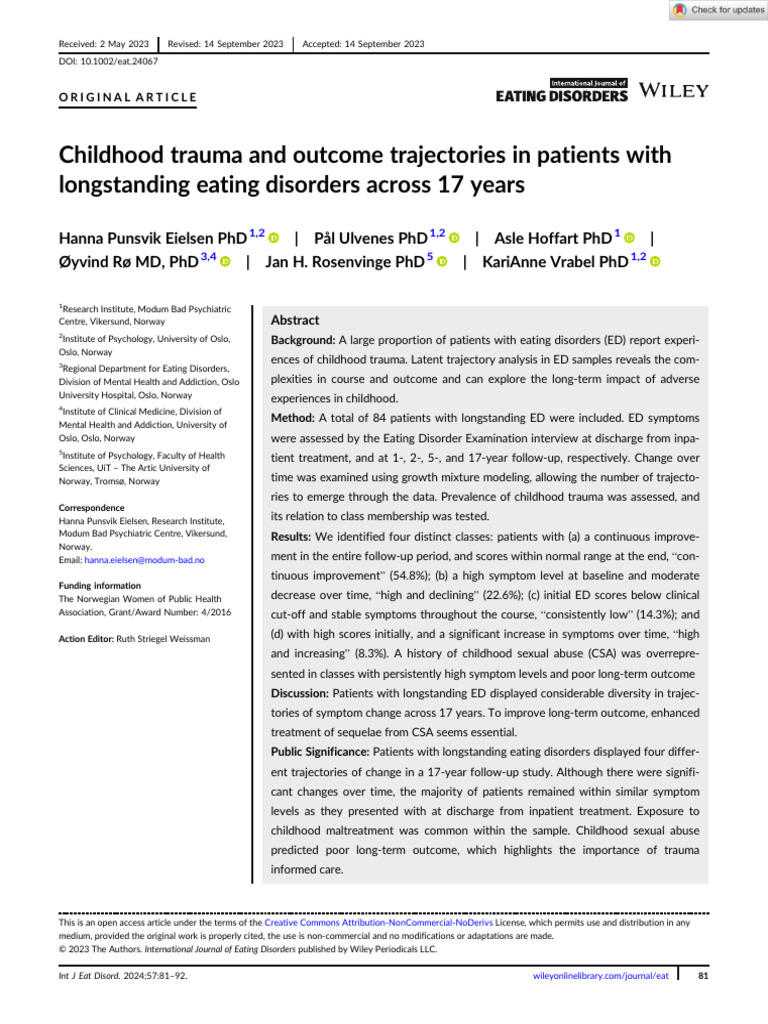 Intl J Eating Disorders - 2023 - Eielsen - Childhood Trauma and Outcome Trajectories in Patients ...