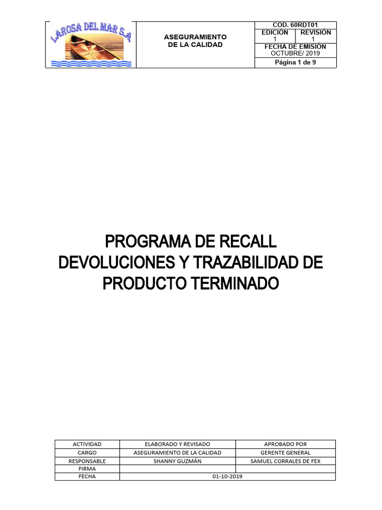 PROGRAMA DE RECALL DEVOLUCIONES Y TRAZABILIDAD DE PRODUCTO TERMINADO | Descargar gratis PDF ...