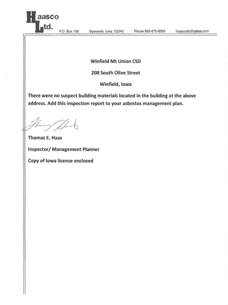 Winfield - MT Union 208 S. Olive Asbestos Inspection 2021 | PDF